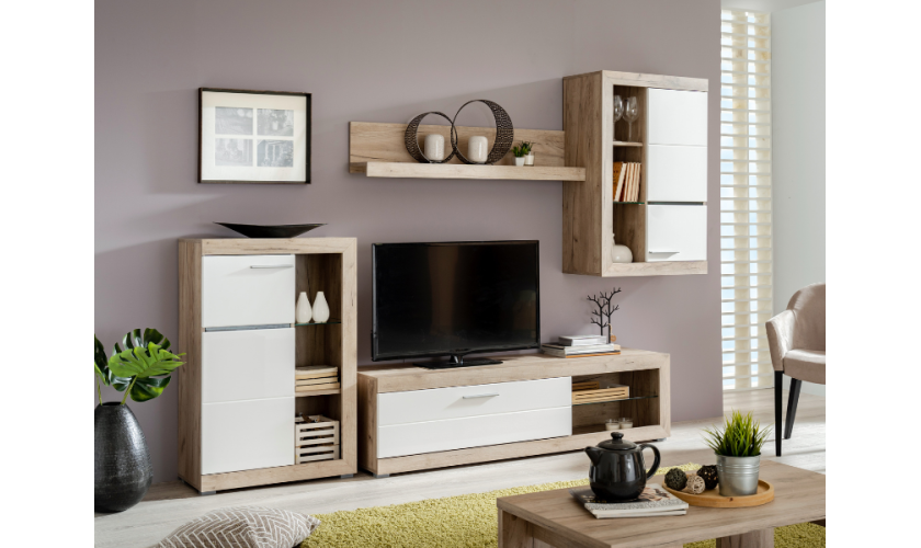 Mueble de salón en blanco y roble