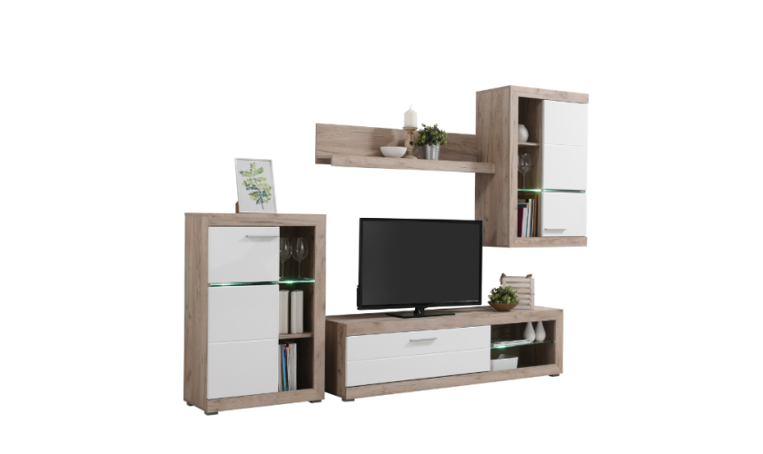 Mueble de salón en blanco y roble